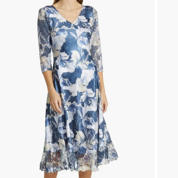 Komarov | Dresses | Komarov Abtstract Print Charmeuse Lace Midi Dress ...
